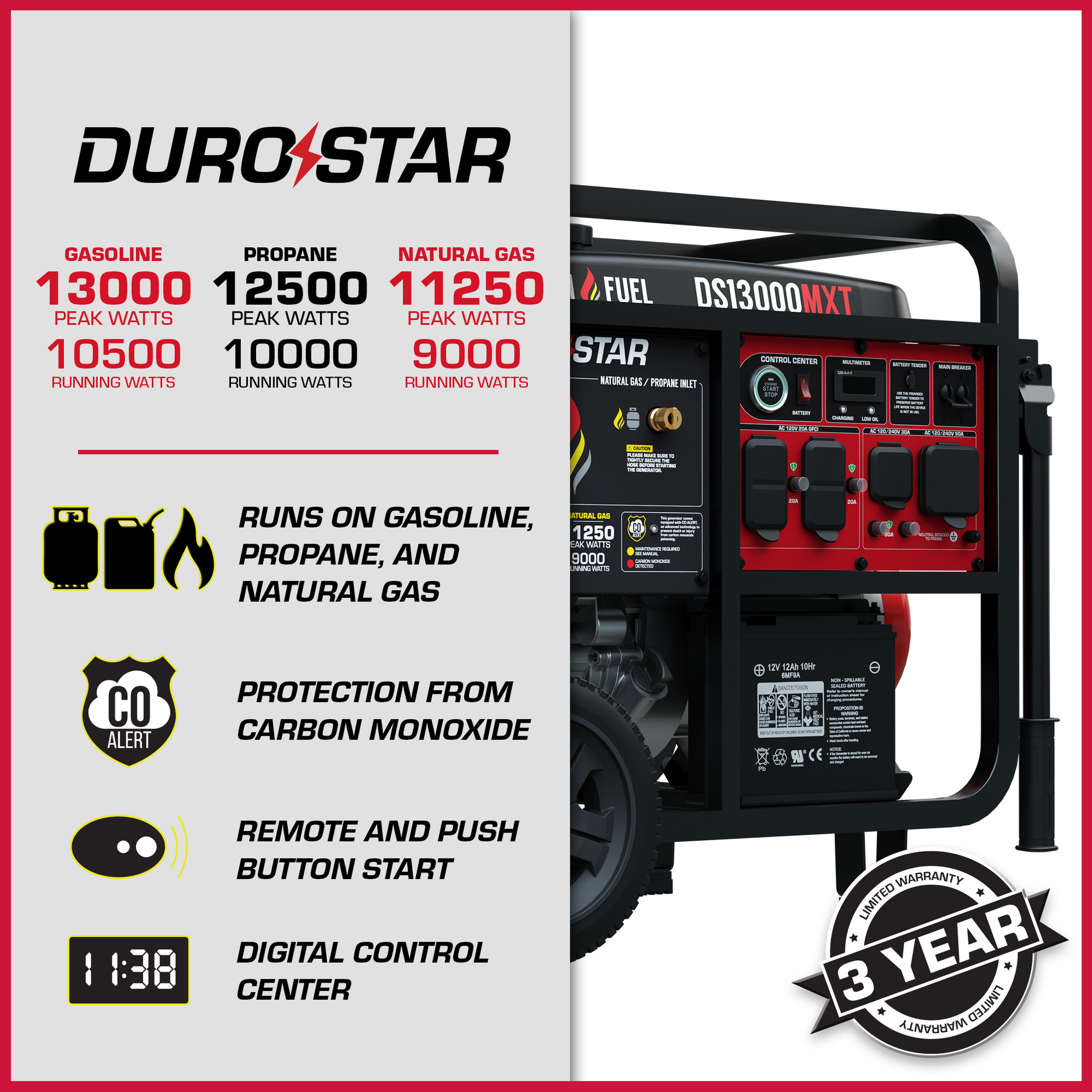 DuroStar DS13000MXT 13,000W/10,500W 500cc Electric Start Tri Fuel Port ...