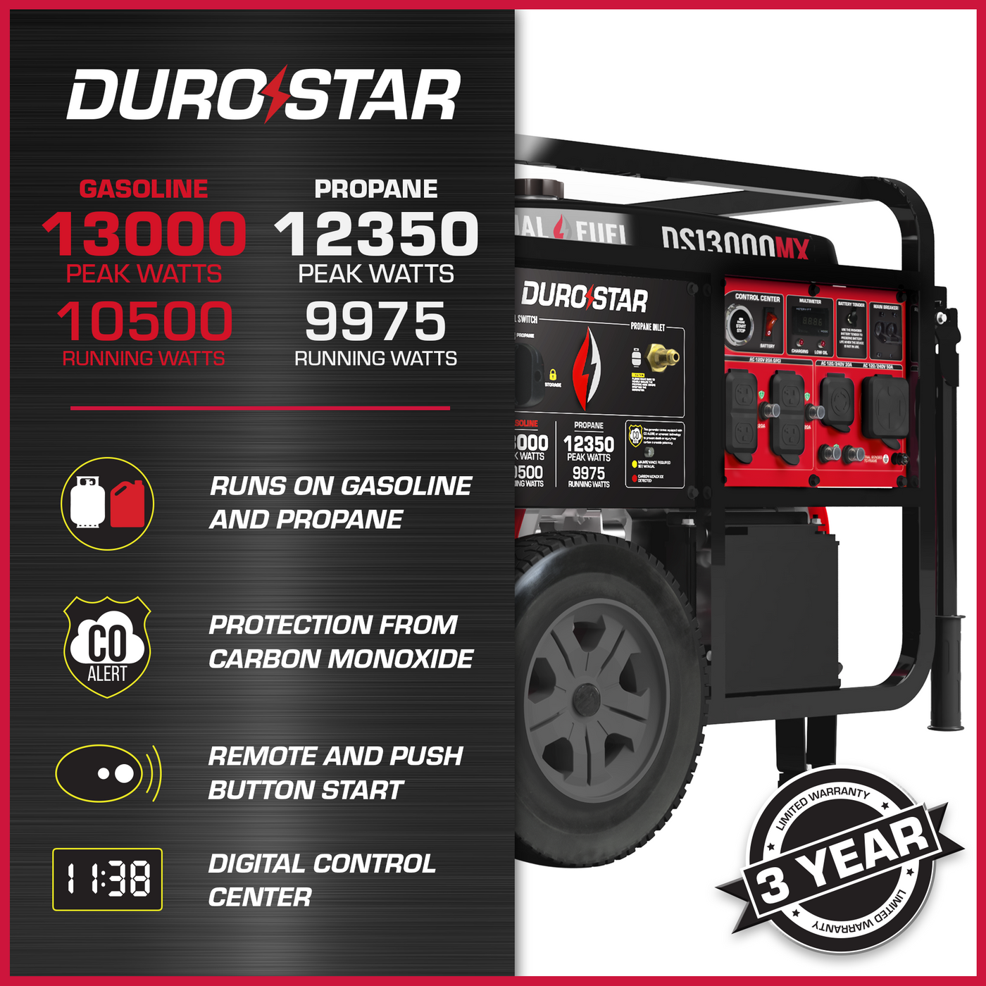DuroStar DS13000MX 13,000W/10,500W 500cc Electric Start Dual Fuel Port ...