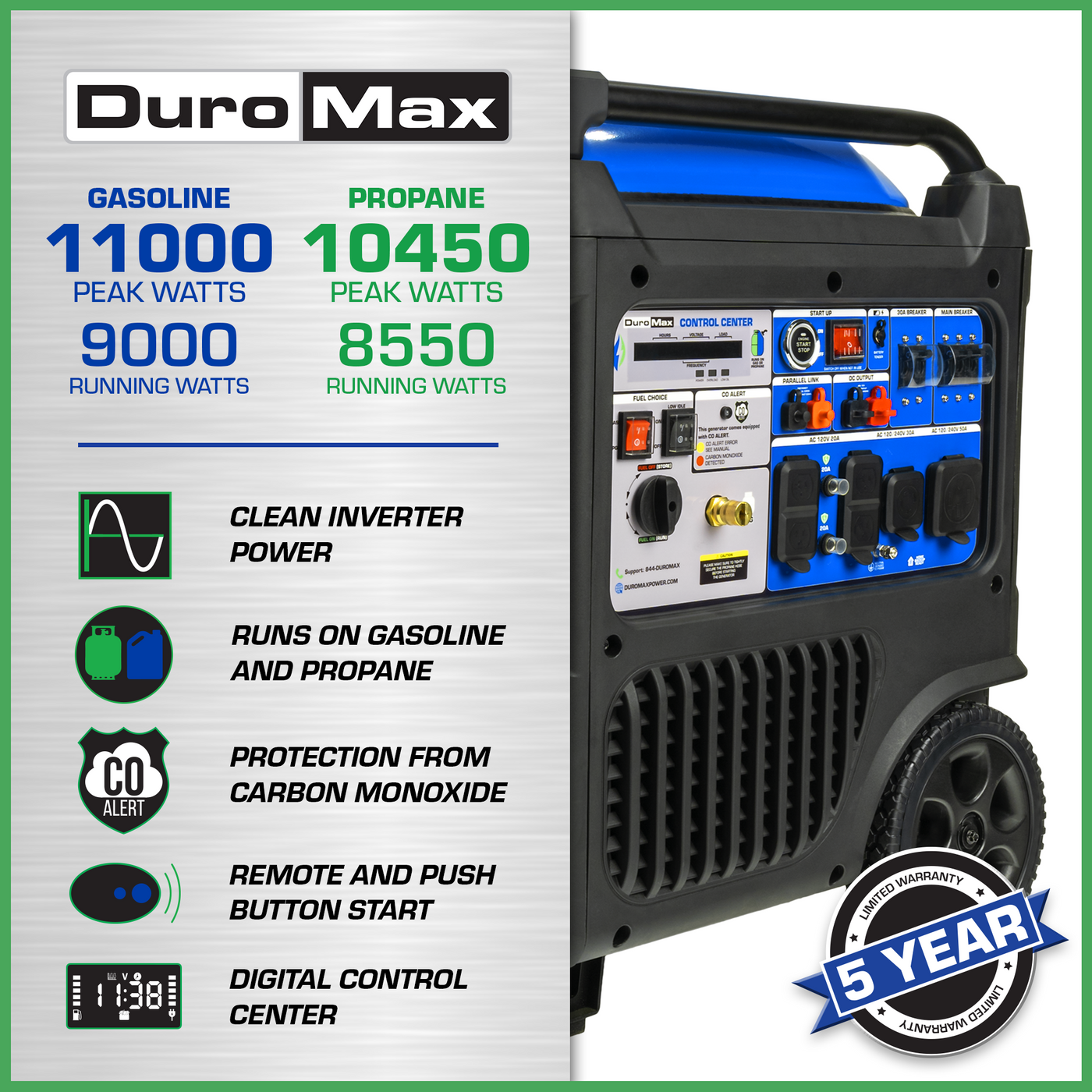 DuroMax XP11000iH 11,000 Watt Portable Dual Fuel Inverter Generator ...