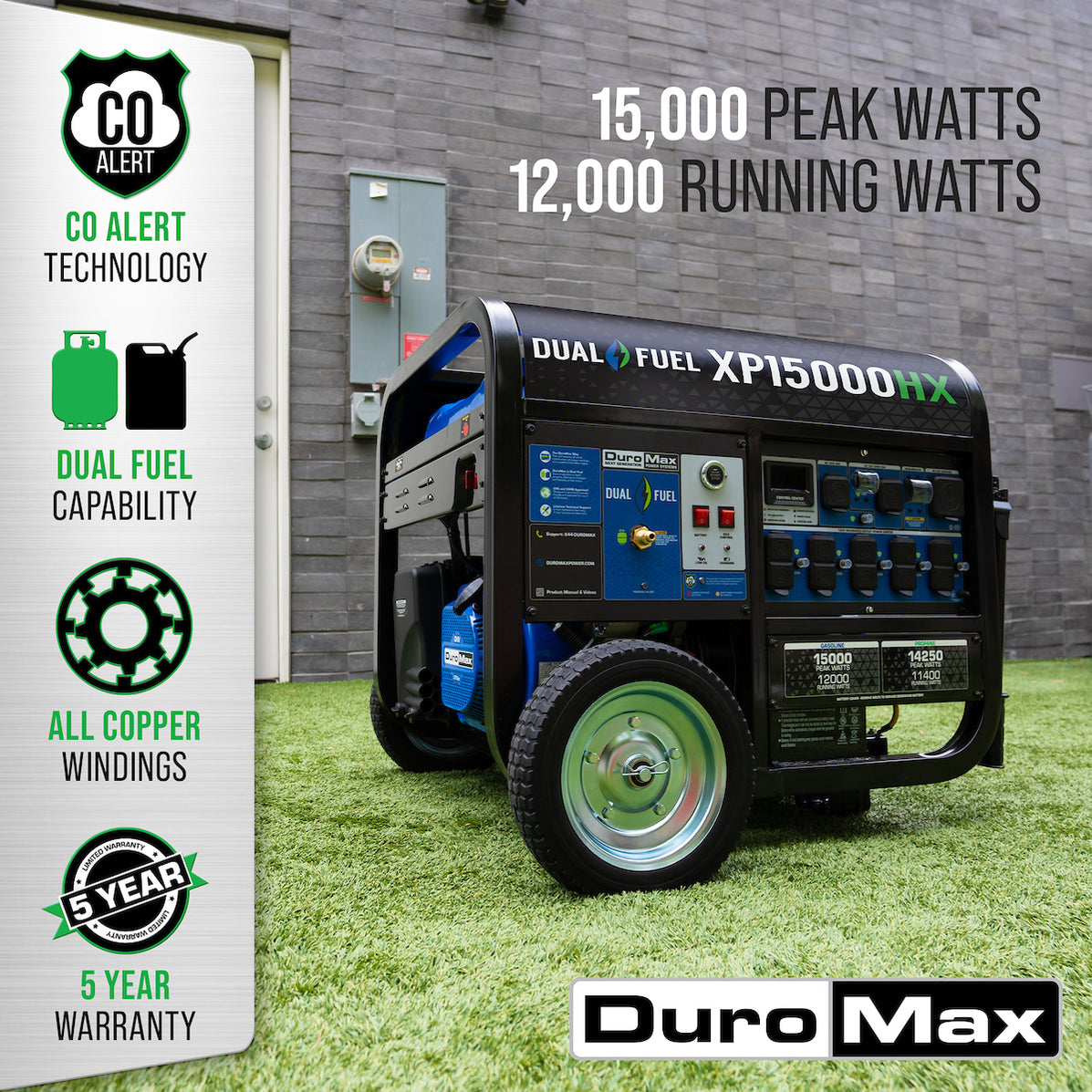 DuroMax XP15000HX 15,000 Watt Electric Start Dual Fuel Portable Genera ...