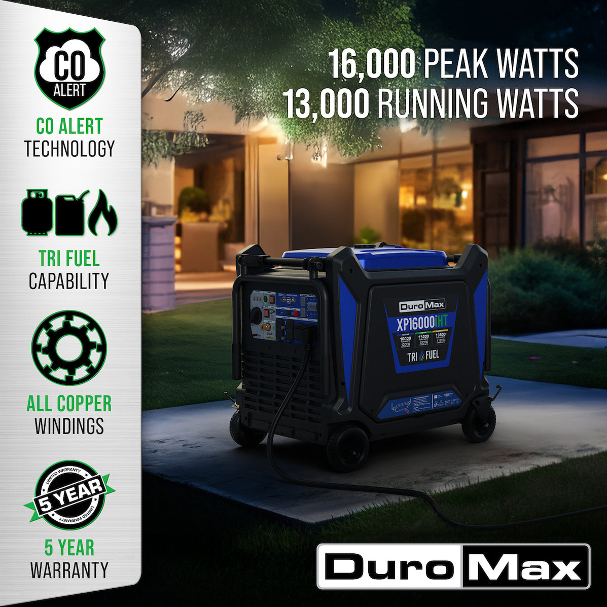 DuroMax XP16000iHT 16,000 Watt Tri Fuel Portable Inverter Generator ...