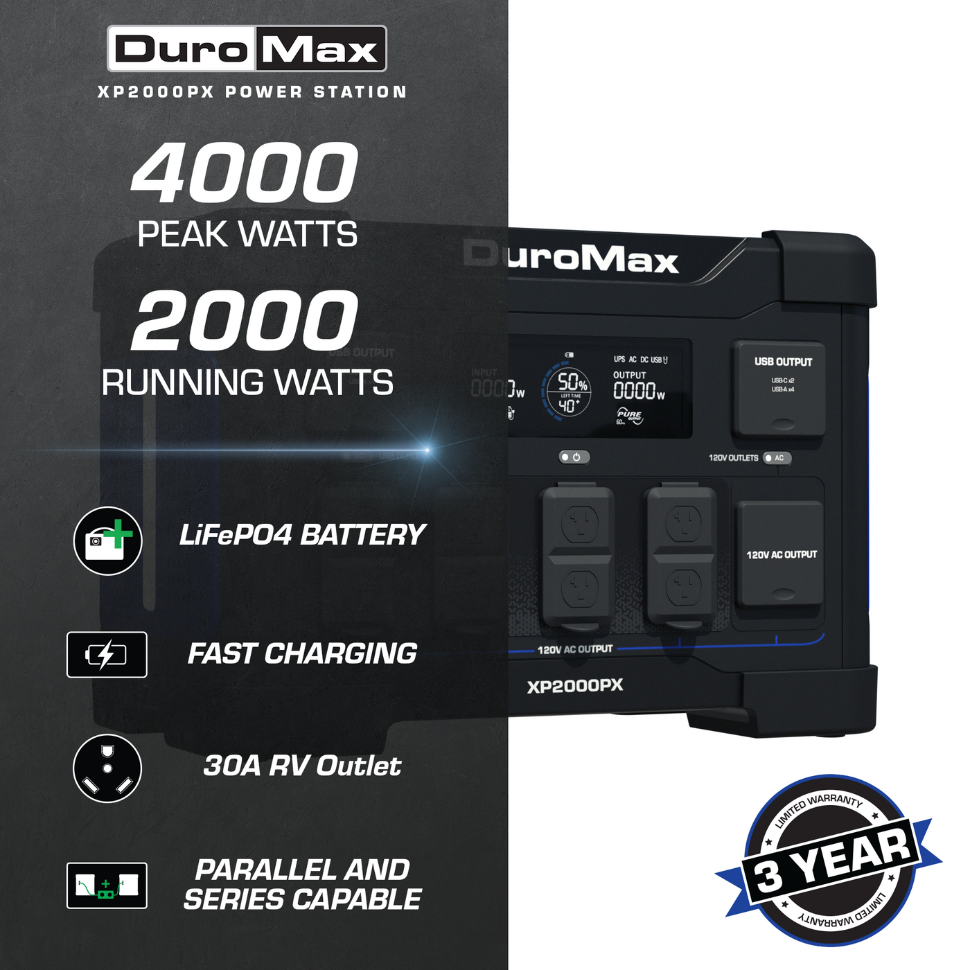 DuroMax XP2000PX 2000 Watt 1843 Wh LiFePO4 Portable Battery Backup Pow ...