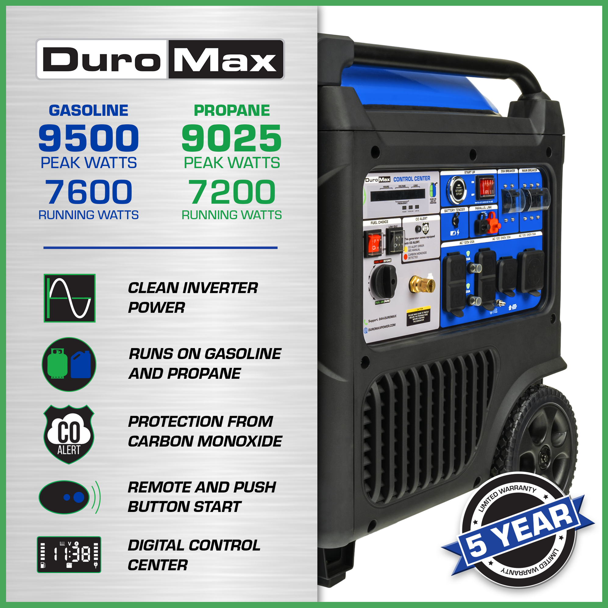 DuroMax XP9500iH 9,500 Watt Portable Dual Fuel Inverter Generator - Qu ...