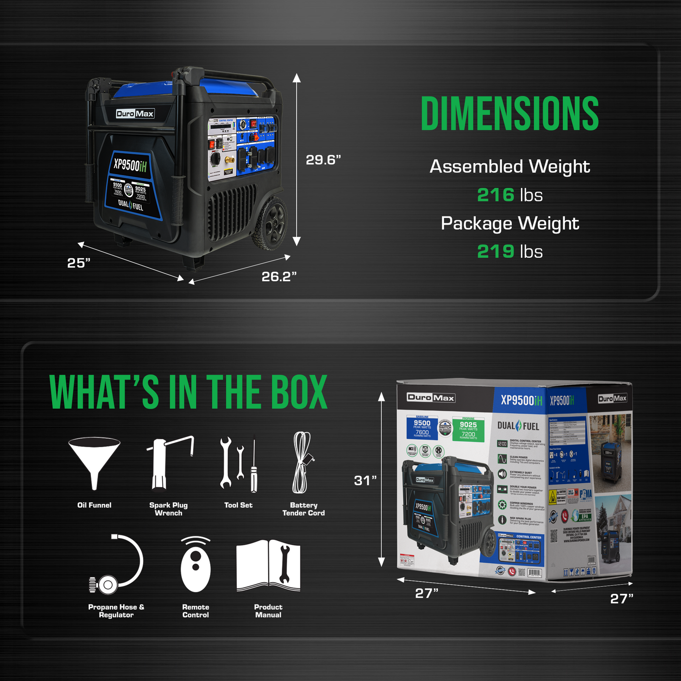 DuroMax XP9500iH 9,500 Watt Portable Dual Fuel Inverter Generator - Qu ...